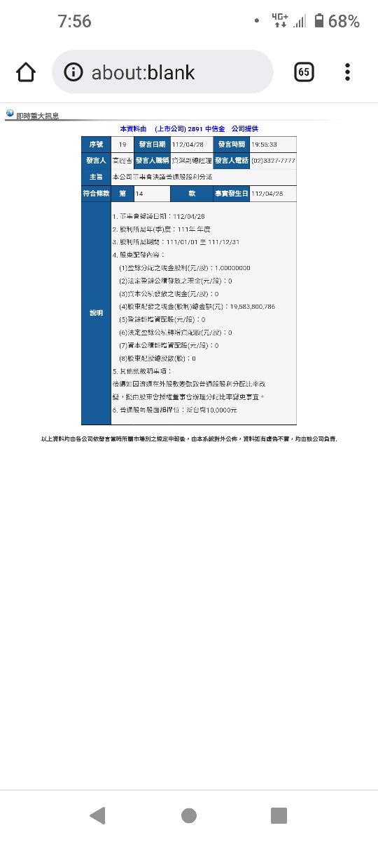 2891 中信金 - 公布了｜CMoney 股市爆料同學會