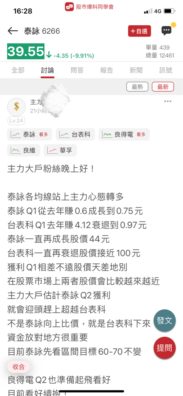 6266 泰詠 - 人家成本價 23-25 當然跟...｜CMoney 股市爆料同學會
