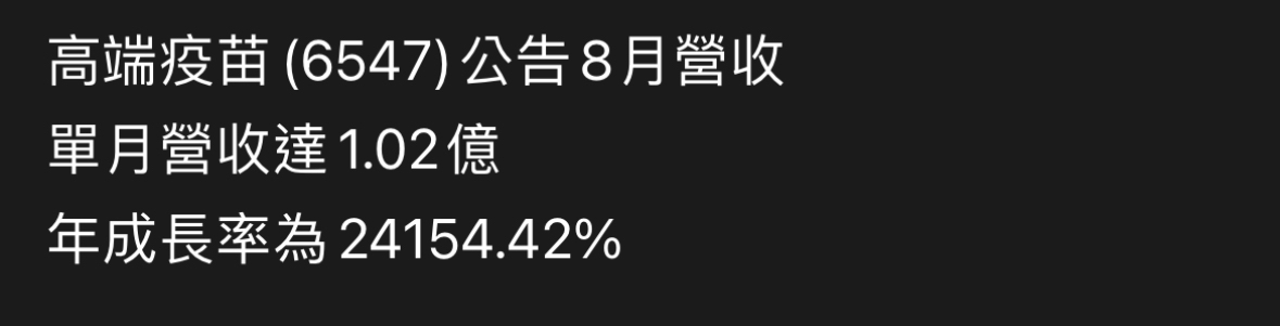 6547 高端疫苗 - 🎊🎊 高端疫苗(6547)公告8月營收 單月營收達1...｜CMoney 股市爆料同學會