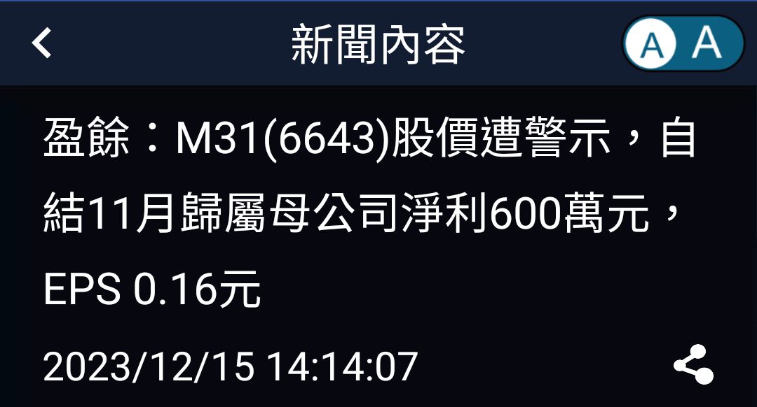 6643 M31 - 盤後公告11月獲利只有0.16...｜CMoney 股市爆料同學會
