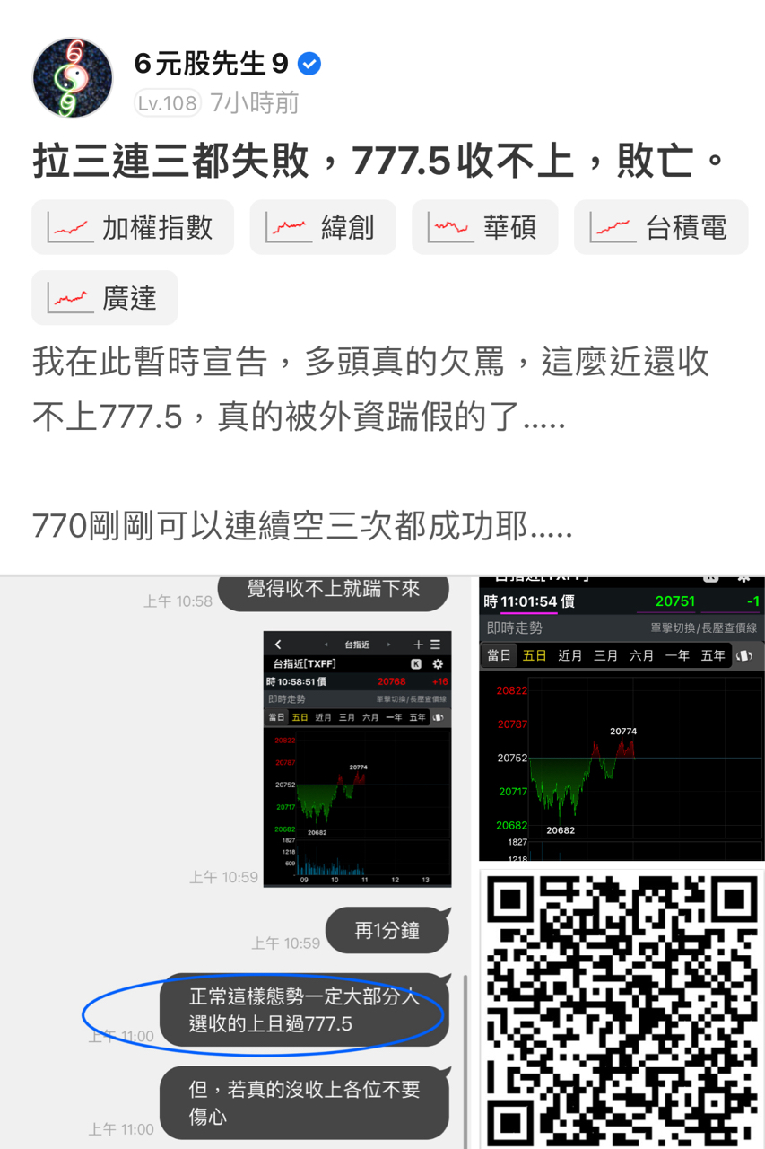 TWA00 加權指數 - 日盤看到777.5很開心，但，割係啊。（又死了）｜CMoney 股市爆料同學會