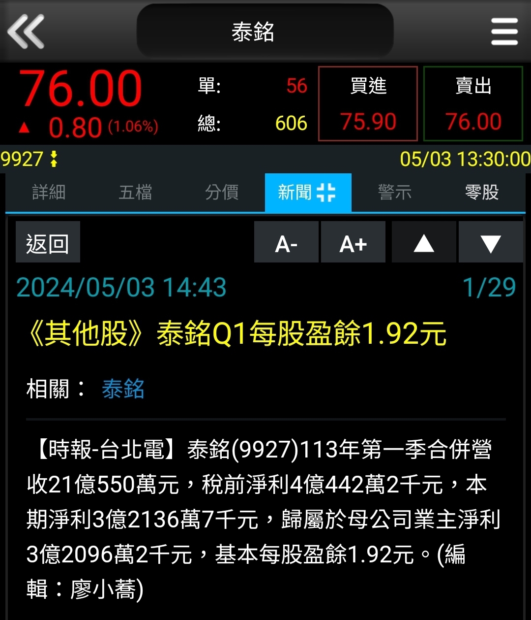 9927 泰銘 - Q1 eps 1.92 比我預...｜CMoney 股市爆料同學會