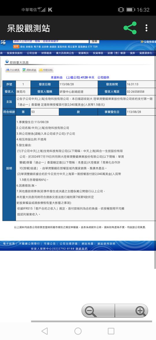 4128 中天 - 公告子公司中天(上海)生物科技...｜CMoney 股市爆料同學會