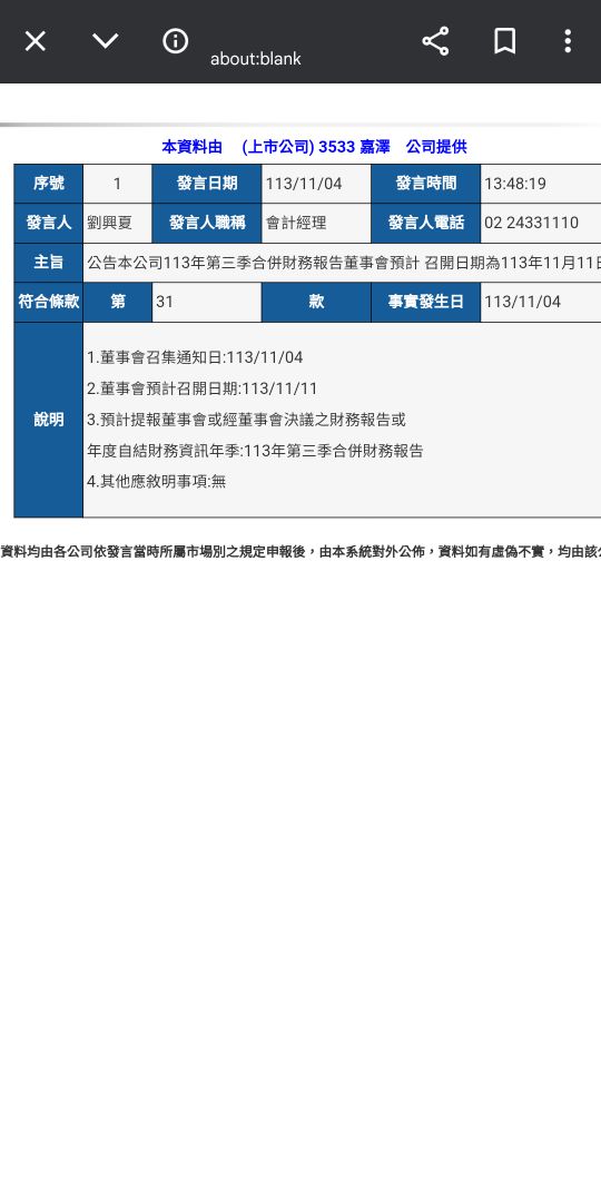 3533 嘉澤 - 嘉澤第三季財報下週一（11／11)收盤後公佈｜CMoney 股市爆料同學會