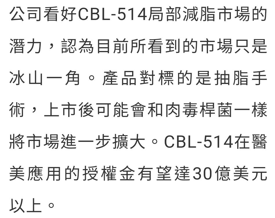 公司目前市值大約30億美元，如果CBL-514局部減脂授權金...｜股市爆料同學會