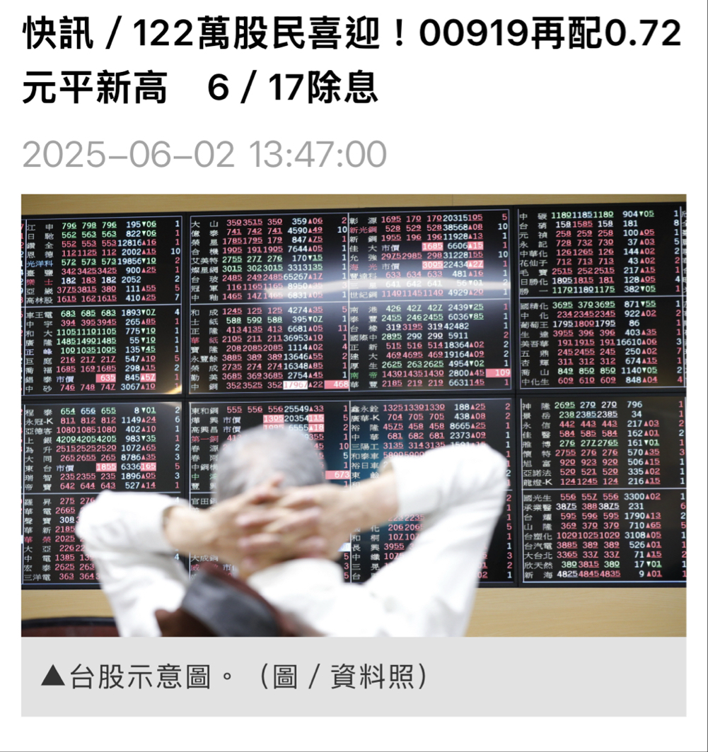 TWA00 加權指數 - 00919（群益台灣精選高息ETF）最新公布的第9次配息金額...｜股市爆料同學會