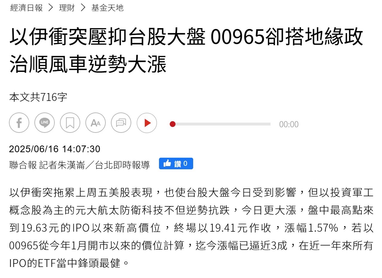 元大航太防衛科技(TPE:00965)-今日股價與歷史行情走勢
